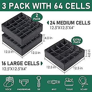 Criusia 6 Pack Sock Underwear Organizer Dividers, 128 Cell Drawer Organizers Fabric Foldable Cabinet Closet Organizers and Storage Boxes for Storing Socks, Underwear, Ties (16+24+24 Cell)