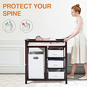 Lovin&Hugin Changing Table, Baby Diaper Changing Table with Laundry Hamper, 3 Storage Baskets and Removable Pad, Brown