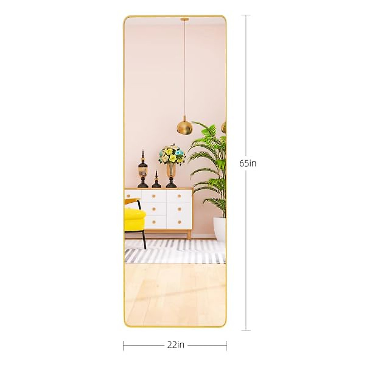 Square Rounded Corners Full Length Mirror Floor Mirror, Bedroom Mirror ，Dressing Mirror with Gold Aluminum Alloy Frame，65" x 22"
