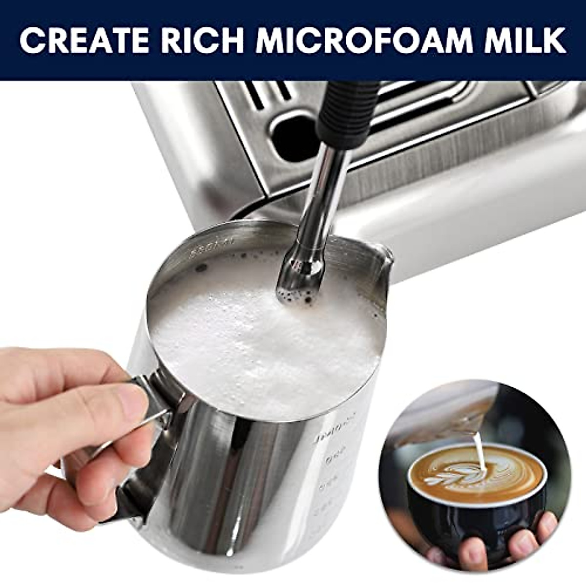 Espresso Machine with Grinder and Milk Frother, 20 Bar Semi Automatic Espresso Coffee Machine Latte and Cappuccino Coffee Maker All in One Espresso Machine For Home Barista, Brushed Stainless Steel
