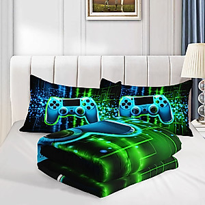 Datura home Video Gamer Comforter Set for Kids Teens Adults,Green Black Gamepad Modern Gamer Gaming Printed Bedding Set with 1 Comforter and 2 Pillowcases(Gamepad Green Twin)