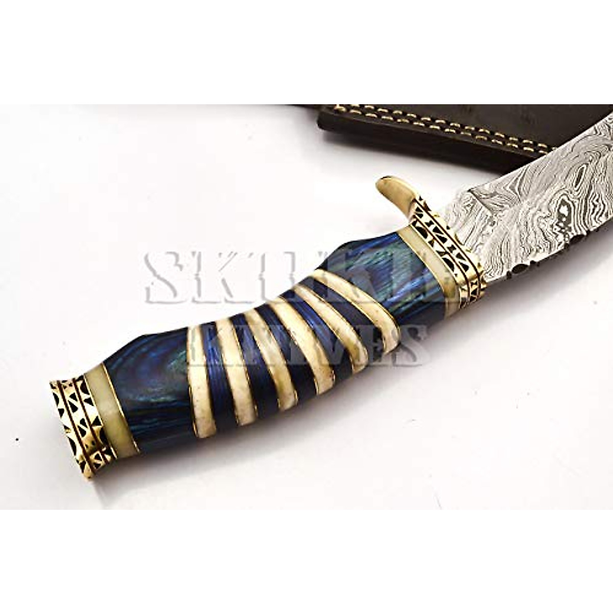 Skokie Knives Custom Hand Made Damascus Steel Hunting Knife Handle Original Camel Bone with Brass Spacer and Pakka Wood A Perfect Grip for Hunters