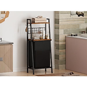 Furnulem 2 Tiers Laundry Hamper with Wooden Shelf and Hooks, Vertical Laundry Basket with Pull-Out and Removable Bag, Clothes Hamper with Divided Bag for Laundry Room, Bathroom, Bedroom, Dorm