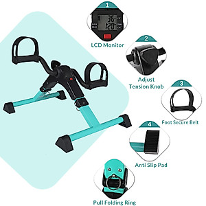 MEETWARM Pedal Exerciser Under Desk Exercise Peddler Arm Leg Folding Mini Stationary Peddler Bike with LCD Display Portable Bicycle Exerciser Machine for Seniors (Teal)