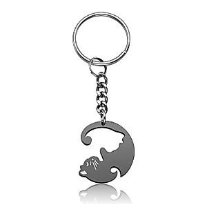 Jovivi 2pcs Stainless Steel Couples Keychains Black White Cat Puzzle Piece Matching Couple Keychain Set Yin Yang Matching Puzzle Keychain His & Her Lover Gift