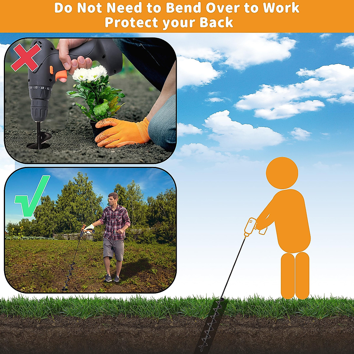 2 PCS Extended Length 2"x32"Garden Auger Drill Bit, Spiral Drill for Planting Bulbs and Potted Plants & No Need to Squat Down, Plant Bit with 3/8"Hex Drive Drill