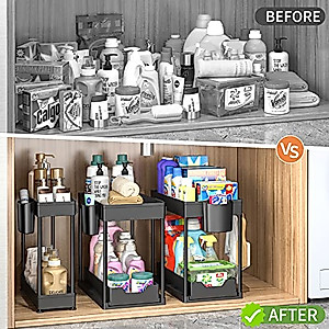 3 Pack Under Sink Organizers and Storage, Pull Out Bathroom Organizer, 2 Tier Bathroom Countertop Organizer with Hooks and Haning Cups, Multi-Purpose Under Cabinet Organizer, 2 Large 1 Small