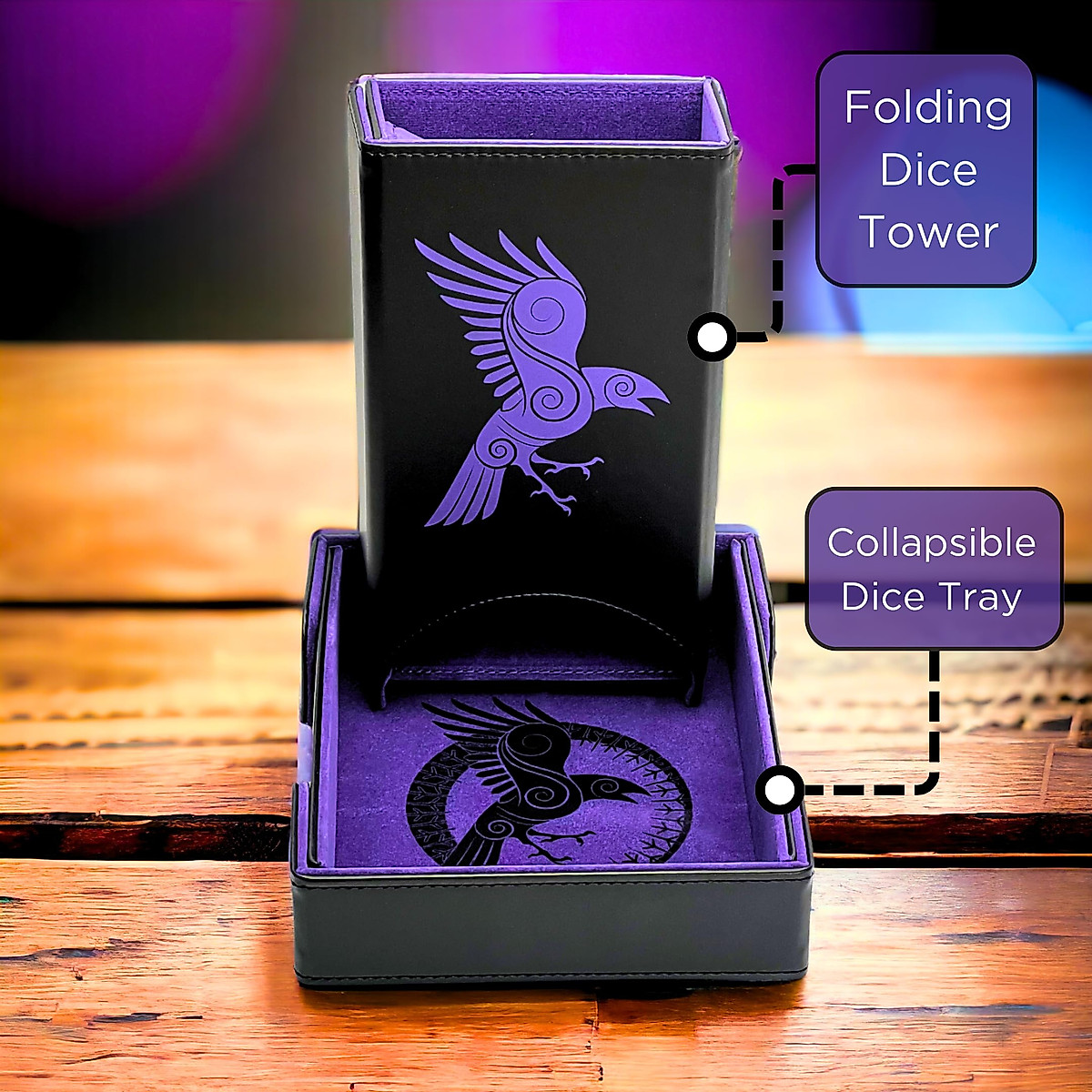 Luck Lab Folding Dice Tower and Dice Tray for RPG Table Top Gaming - Black/Purple - Raven Design