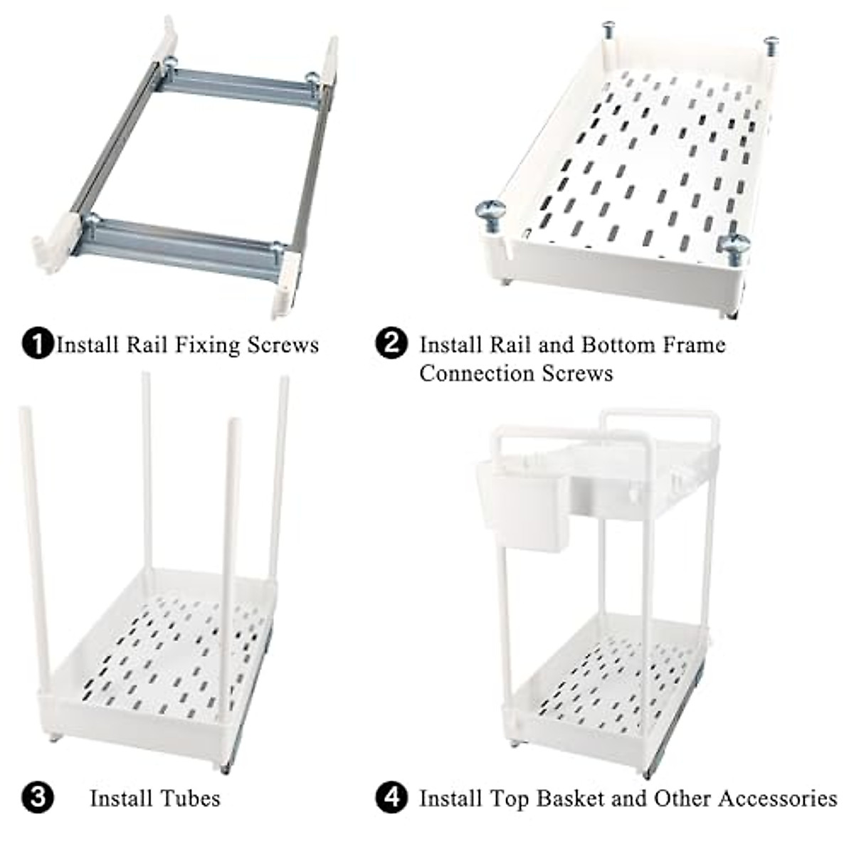 Keiasau Under Sink Organizer and Storage Shelf Pull Out Bathroom Undersink Cabinet Organization Rack with 2 Tier Drawer Baskets for Home Pantry Counter Vanity Countertop Organizing Containers White
