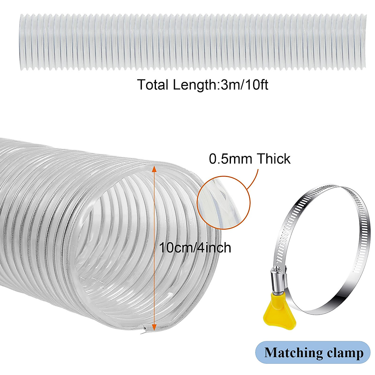 Flexible PVC Dust Collection Hose with Stainless Steel Hose Clamps Clear Vacuum Hose Dust Collection Fittings Dust Collector Accessories for Woodworking (4 Inch, 10 ft)