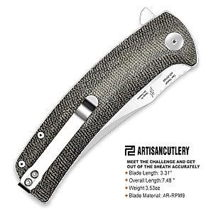 ARTISANCUTLERY Folding Knife Arroyo (ATZ-1845) AR-RPM9 Powder Steel Balde Micarta Tactical Handle Pocket Folding Knife EDC OD Green Micarta