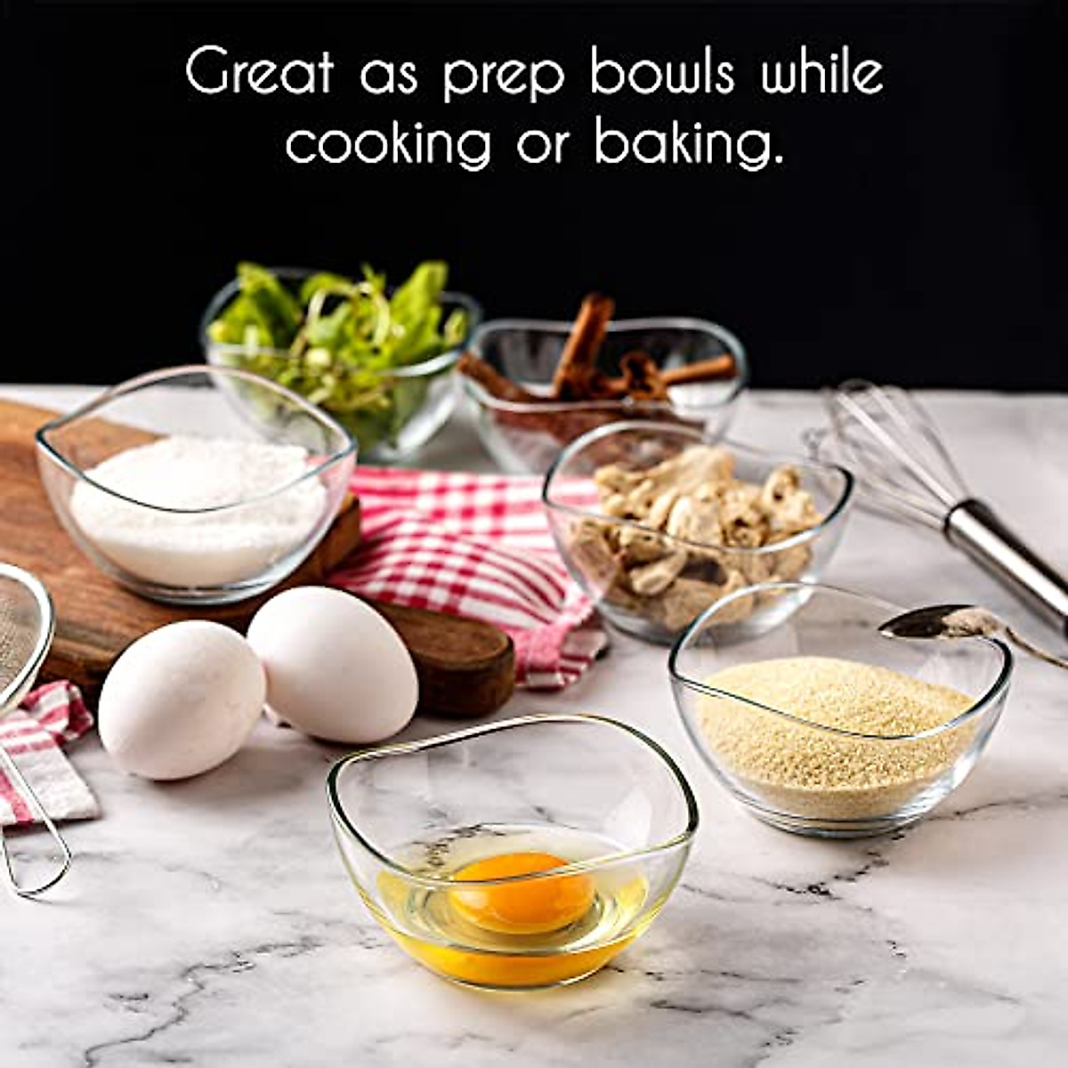 Volarium Small Glass Bowls for Soups, Snacks, Side Dishes, Fruit Salads, Yogurt Parfaits, Trifle, Oatmeal, Cereal with Milk, Yogurt, Desserts, and Nuts, Set of 6 (7 1/4oz)