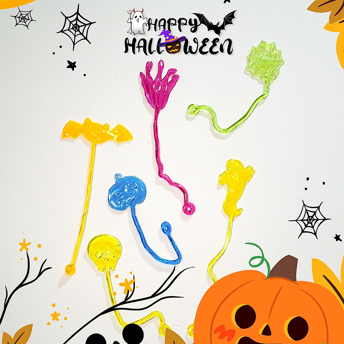 72 pcs Halloween Sticky Hands Toys for Kids Boys Girls, Spider Web Skull Bat Stretchy Sticky Toys For Goodie Bags, Pinata Fillers, Classroom Prizes, Halloween Trick or Treat Party Favors Gifts