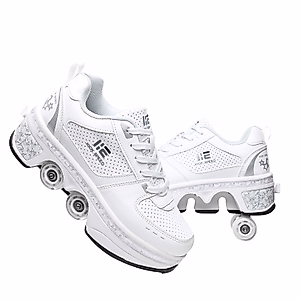 2-in-1 Roller Skates Shoes with Retractable 4 Wheels & Pop-Out Deformation Sneakers Outdoor Sports Skating Shoes for Girls Boys