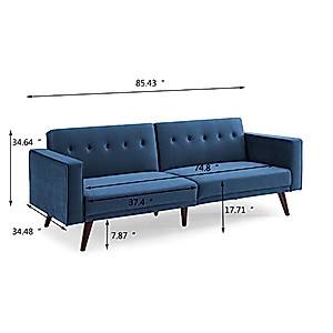 Hbaid 85.43" Velvet Sofa Bed, Convertible Sleeper Sofa with Tapered Wood Legs and Armrest, Modern Loveseat Couches for Living Room, Bedroom, Blue