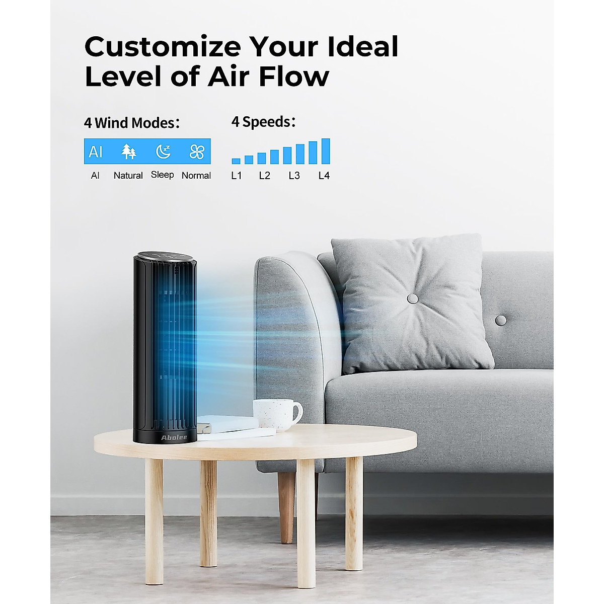 Abolee Tower Fan for Bedroom, 23ft/s Desk Fan with Remote, 70° Oscillating Desk Fan, 4 Speeds, 4 Modes,12Timer, 2024 New 13'' Bladeless Portable Fan for Bedroom Office Home Black