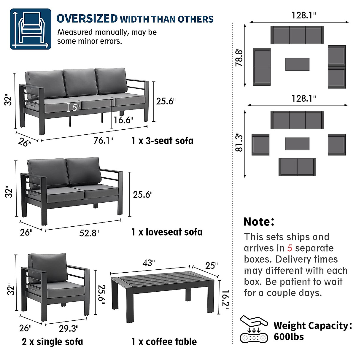 UDPATIO Oversized Aluminum Patio Furniture Set, Modern Metal Outdoor Patio Conversation Sets, Patio Sectional Sofa Set w/ 5 Inch Cushion for Patio Poolside, Deck, Grey (Include 4 Sofa Cover)