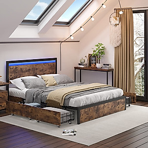 Meitewei Queen Bed Frame with 4 Storage Drawers and 2 Nightstands, Bed Frame with LED Headboard and Charging Station, Metal Platform Bed Frame, No Box Spring Needed, Vintage Brown