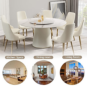 59'' Round Marble Dining Table for 6,Modern White Marble Sintered Stone Round Kitchen Table with Lazy Susan,Faux Marble Dining Table with Solid Wood Pedestal,Wrapped in PU Leather(Only Table)