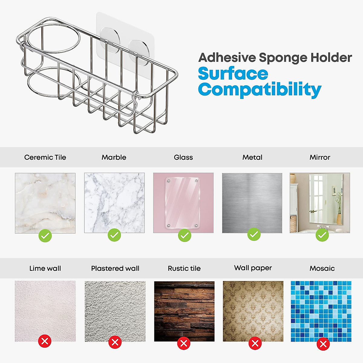 KESOL 3-in-1 Kitchen Sink Caddy with Adhesive Sponge Holder for Kitchen Sink + Dish Cloth Hanger + Dish Brush Holder, 304 Stainless Steel Rust Proof, Water Proof, No Drilling Kitchen Sink Accessories