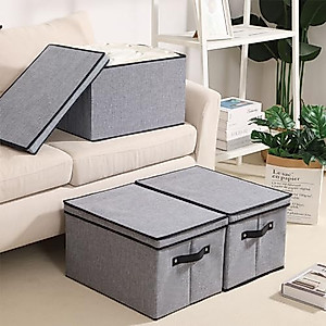 YheenLf Fabric Storage boxes,Storage Baskets for Shelves with Lids, Fabric Storage Bins with Handles, Decorative Linen Closet Organizers Boxes,Medium, Gray, 3-Pack