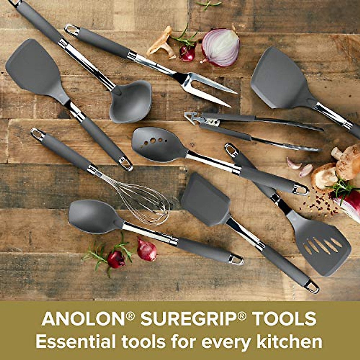 Anolon SureGrip Stainless Steel Meat Fork/Kitchen Tool, 13.25 Inch, Gray,46288