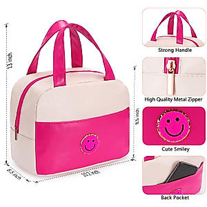 Lunch Bag Women Insulated Lunch Box for Reusable Waterproof Lunch Tote Bag with Preppy Lunch Bag,Soft Leather Lunchbag for Travel Work Picnic (Rose Red&White)