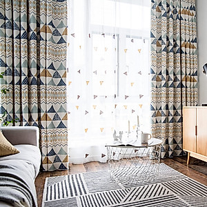 Linen Blackout Window Curtain Triangle Geometric Boho Curtains 96 Inch Long Kids Room Darkening Window Panel Drapes Set for Living, Dining, Bedroom,Diamond Print Window Treatment Drapes ,2 Panels