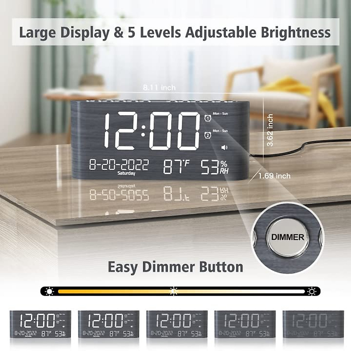 Digital Wooden Alarm Clock with Dual Alarm,Weekday/Weekend Mode,Adjustable Volume,Humidity & Temperature Detect,2-100% Dimmer,12/24H,Snooze,2 USB Chargers,Battery Backup, Loud Alarm Clock for Bedroom