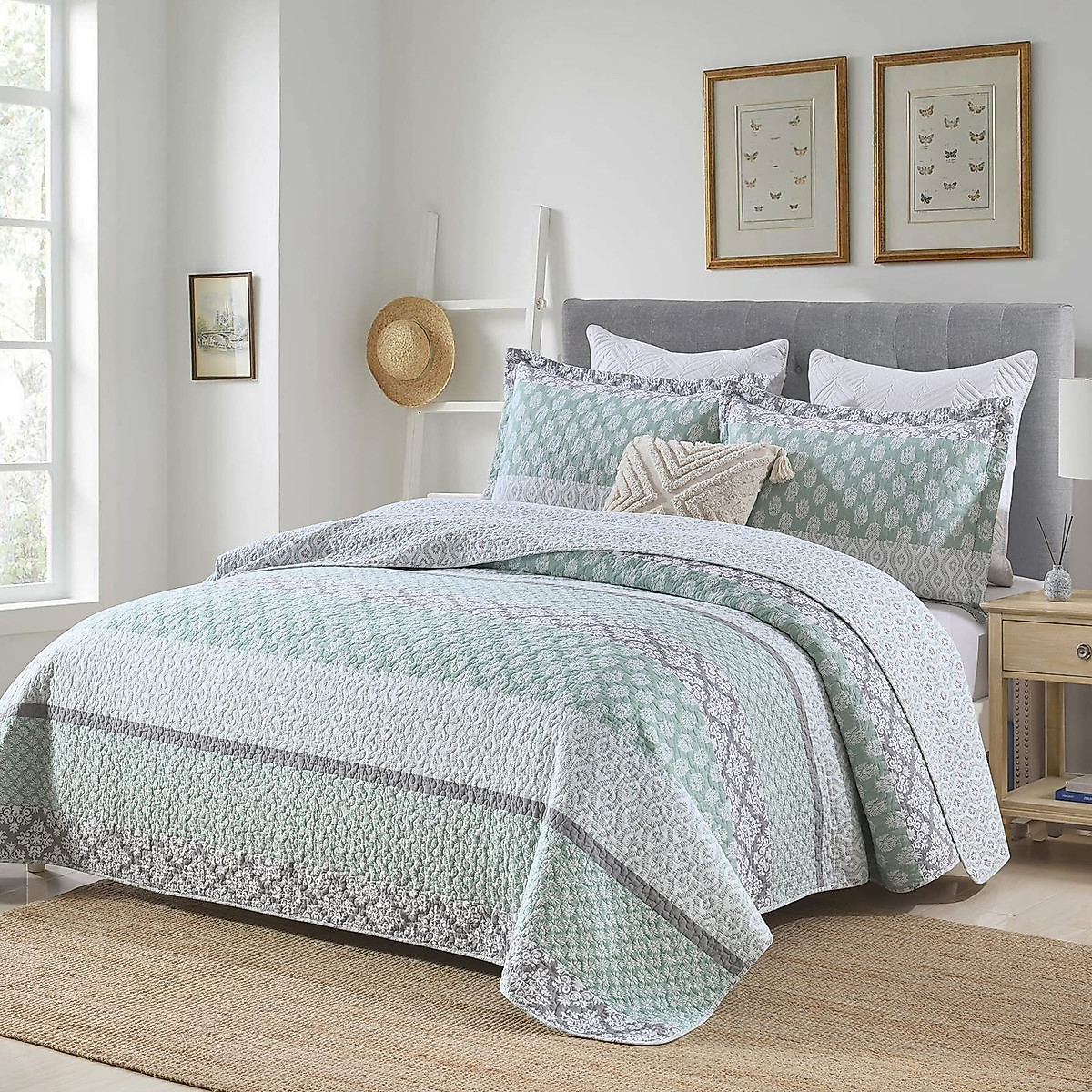 PERHOM Queen Size Quilt Set - 100% Long-Staple Cotton Floral Quilt, Reversible Patchwork Lightweight Comforter Bed Spread for All Season, Green/Gray