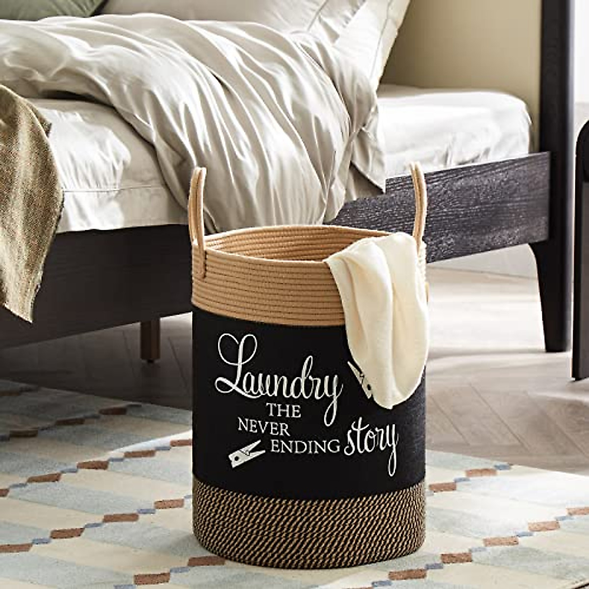 YOUDENOVA Woven Rope Laundry Basket, Tall Dirty Clothes Hamper for Blanket Storage in Bedroom, Bathroom,Living Room - Brown, 58L
