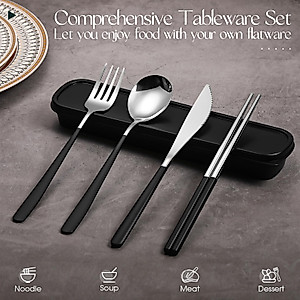 Kritkin 2 Sets Travel Cutlery Set 18/8 Stainless Steel Cutlery 6 Pcs Reusable Christmas Utensils Set with Case Portable Silverware Lunch Box for Camping School Office(Silver, Blackish Green, Black)