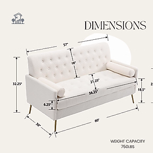 ZH4YOU 60" W Loveseat Sofa, Modern Sherpa Couch with Arms and 2 Throw Pillows, Fluffy Button Tufted Love Seat for Living Room, 2-Seater Comfy Small Couch for Bedroom Living Room, White