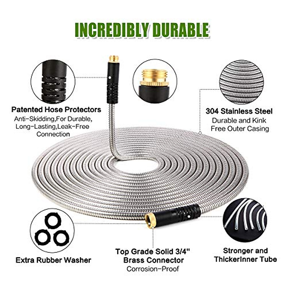 Macuvan Flexible Metal Garden Hose 100ft-Heavy Duty Water Hose with Durable 304 Stainless Steel and 10 Way Spray Nozzle-Strong 3/4'' Solid Brass Fitting-Outdoor Yard No Kink Lightweight Long Hose Pipe