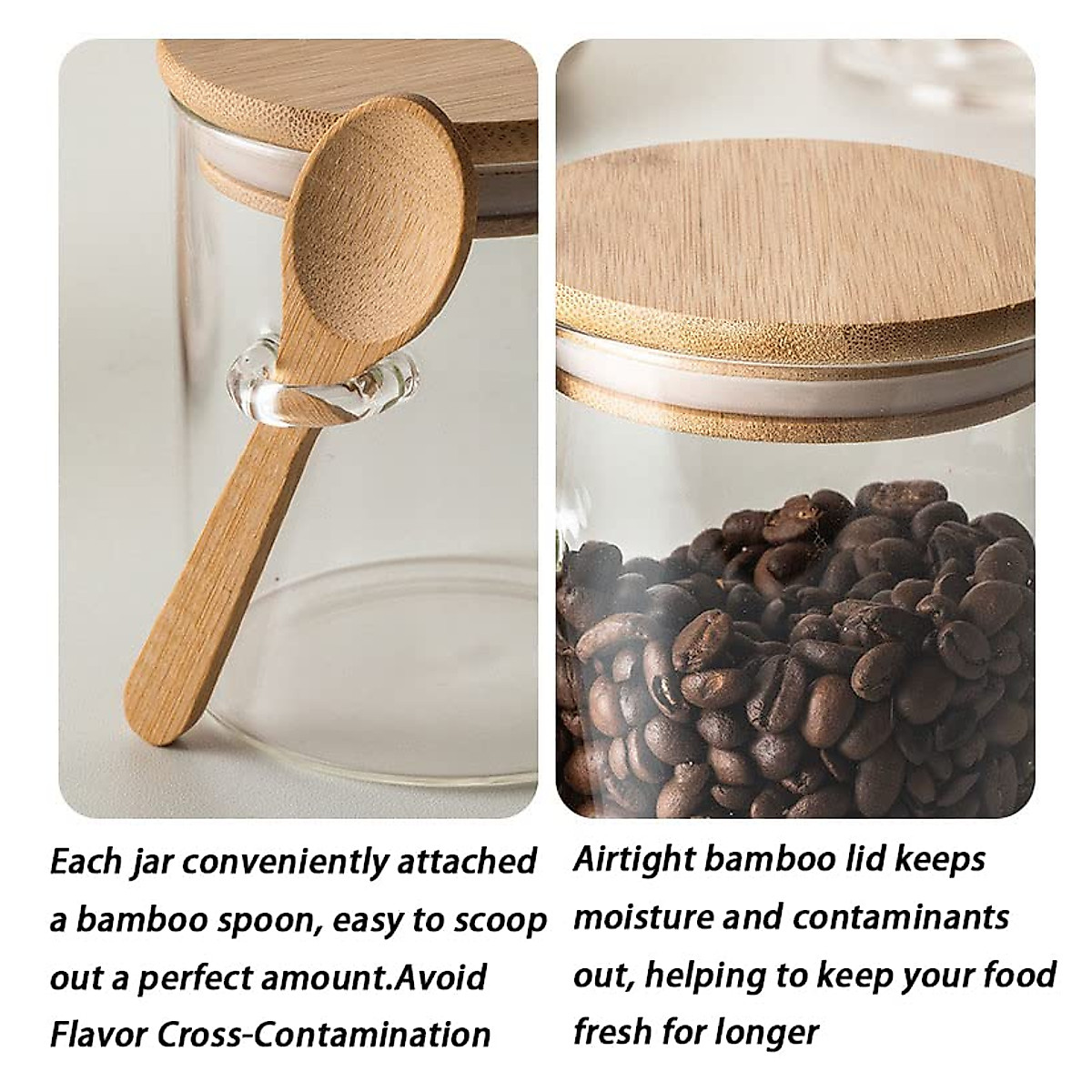 Glass Jars with Wooden Lid and Spoon, Airtight Food Storage Containers for Sugar/Coffee/Flour/Spices, Set of 3 Clear Stackable Kitchen Canisters, Ideal for Home Organization Decor (18Oz/530ML)