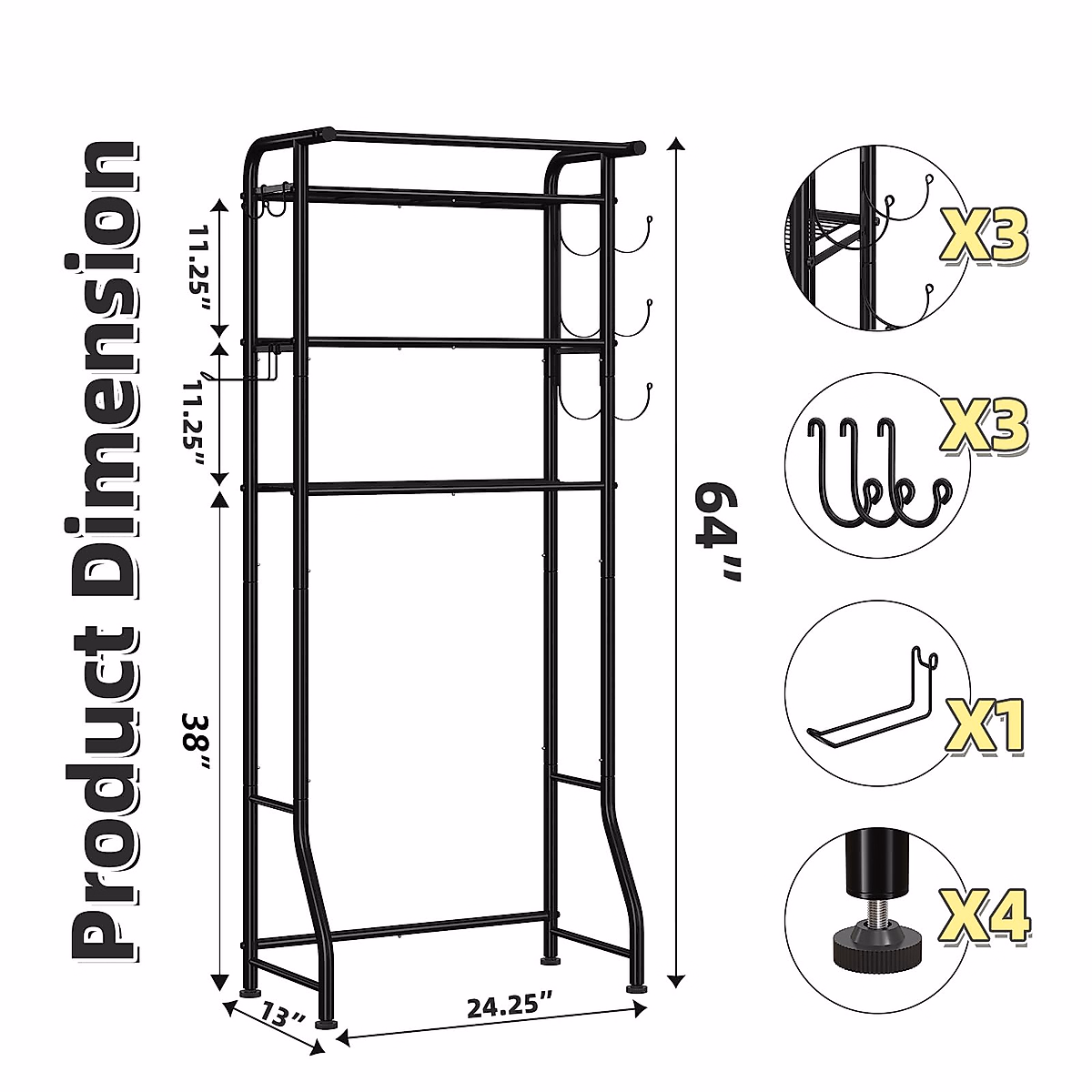 Simple Trending 3 Tier Over The Toilet Rack, Shelf Bathroom, Bathroom Stand Organizer Space Saver, Black