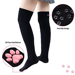 Littleforbig Thigh High Cosplay 3D Paw Pad Silicone Kitten Over The Knee Silk Stockings - Black