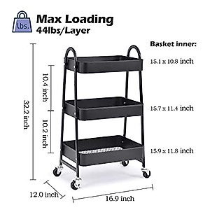 KINGRACK 3-Tier Rolling Cart, Metal Rolling Storage Cart with Lockable Wheels, Mobile Trolley Cart for Kitchen, Bathroom, Office, Workshop, Black
