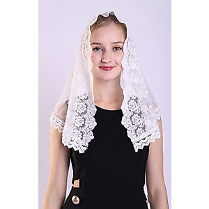 Grettytling Chapel Veil Embroidered Lace Mantilla Veil Head Covering Veils for Church，White