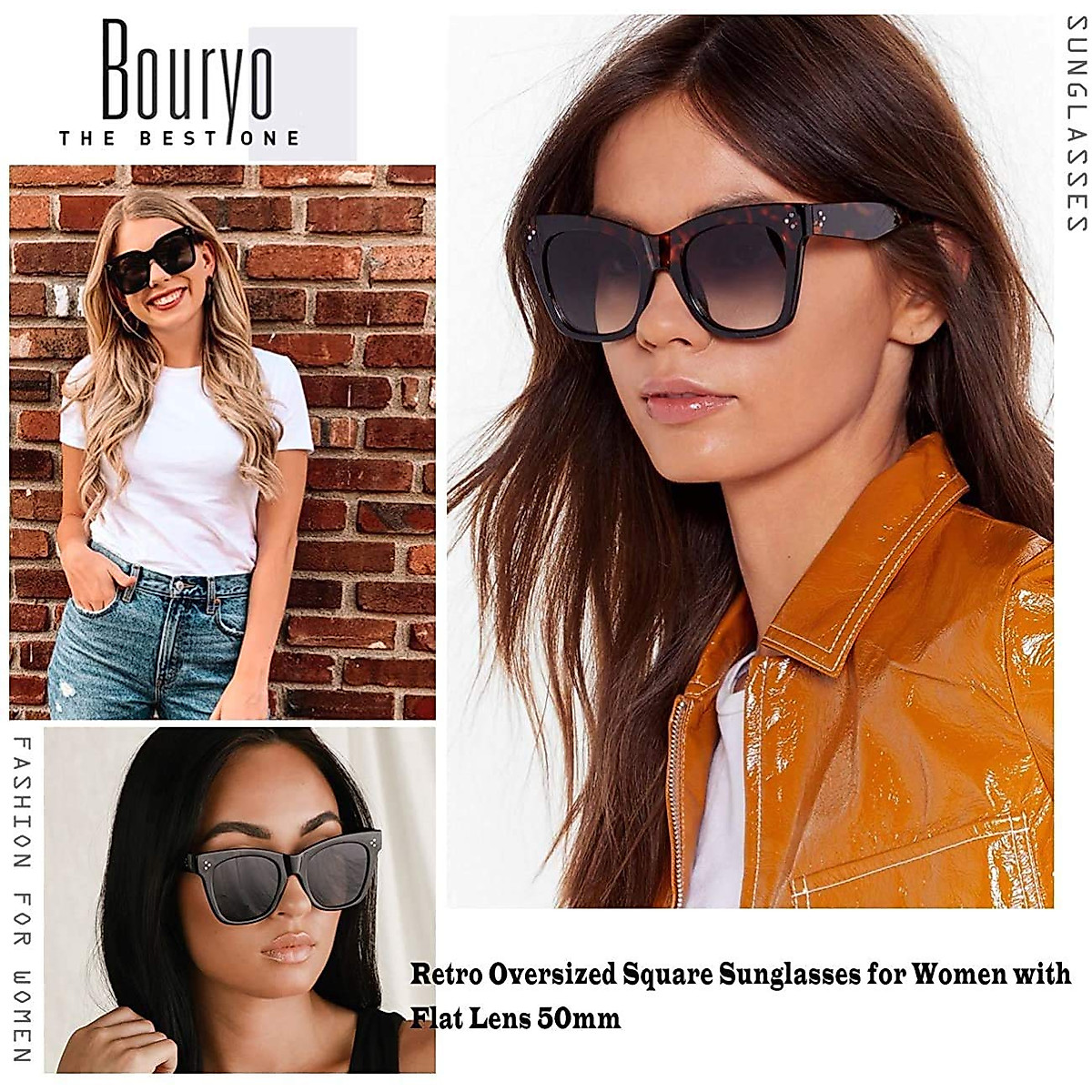 Bouryo Retro Oversized Square Sunglasses for Women Flat Lens Sun Glasses Gradient Shades UV400 (Black+Leopard)