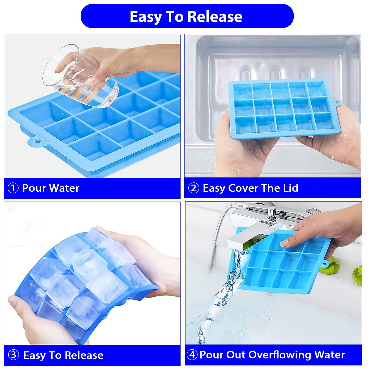 Silicone Ice Cube Tray with Lid, 2 Pack Stackable Ice Trays for Freezer, 30 Pcs Ice Molds Blue