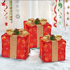 Funpeny Set of 3 Christmas Lighted Gift Boxes, 60 LED Christmas Box Decorations, Presents Boxes with Ribbon Bows Christmas Decorations for Xmas Tree, Yard, Home, Indoor Outdoor Holiday Decor
