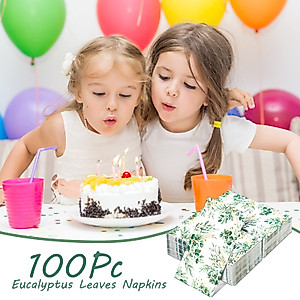 100 Pcs Eucalyptus Napkins 3 Ply Disposable Eucalyptus Leaf Paper Green Leaves Guest Towels Cocktail Napkins Greenery Paper for Home Party Birthday Baby Shower(8 x 4.3 Inch Folded)