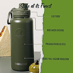 Thermosis 32 oz Insulated Water Bottle With Straw, 1 Liter Stainless Steel Water Bottles with 2 Lids (Straw and Handle Lids). Wide Mouth Travel Metal Water Bottle for Sports and Gym - Army Green