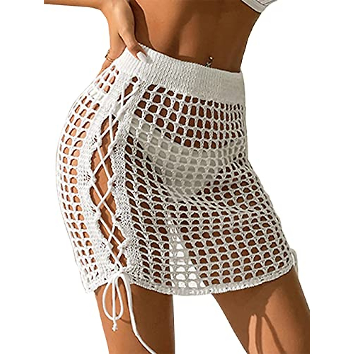 ZAFUL Women's Elastic Waist Tassel Sheer Beach Swimwear Bikini Sets Cover Ups Mini Skirt White S