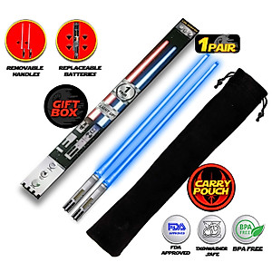 LIGHTSABER CHOPSTICKS LIGHT UP STAR WARS LED Glowing Light Saber Chop Sticks REUSABLE Sushi Lightup Sabers - Removable Handle Dishwasher Safe - Premium GIFT BOX & CARRY CASE Included - BLUE 1 PAIR