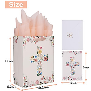 13" Large Light Yellow Gift Bag Set with Greeting Card and Tissue Papers (Floral Vine Cross) for First Communions, Baby Girl Baptisms, Christenings, Religious Occasion, Clergy Day - 10.2”x5.2”x13”, 1 Pcs.