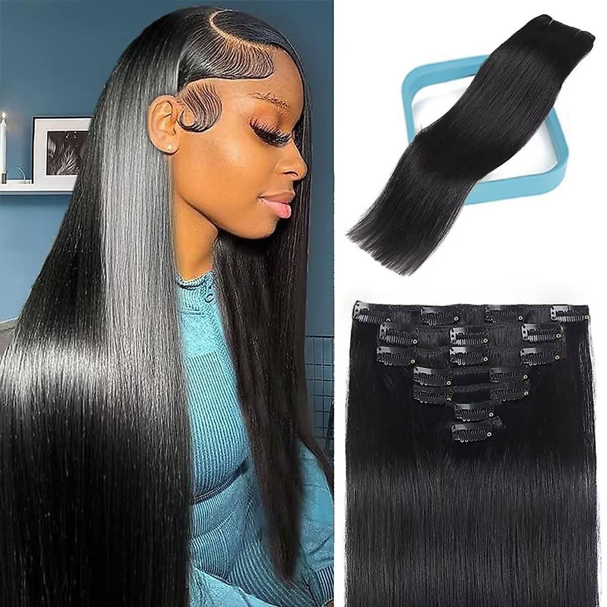 ALLY Straight Clip in Hair Extensions Real Human Hair 100% Remy Virgin Human Hair Clip ins Extensions Clip-in Hair Extensions for Women Double Weft Soft Hair No Tangles (20 Inch #1 Jet Black)