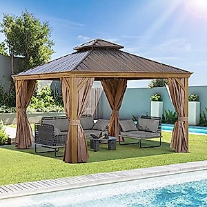 12 * 12FT Hardtop Gazebo Pavilion Aluminum Frame with Galvanized Steel Canopy Outdoor Permanent Gazebo with Netting and Curtains Deck Backyard Heavy Duty Sunshade Large Metal Patio Gazebo, Brown