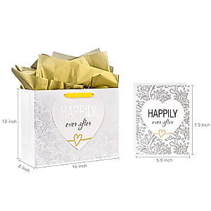 MAYPLUSS 16" Large Gift Bag with Greeting Card and Tissue Paper for Wedding - Silver Design